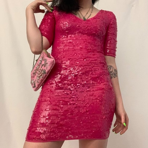 BCBGMaxAzria | Dresses | Bcbg Max Azria Y2k Hot Pink Stretchy Sequin ...